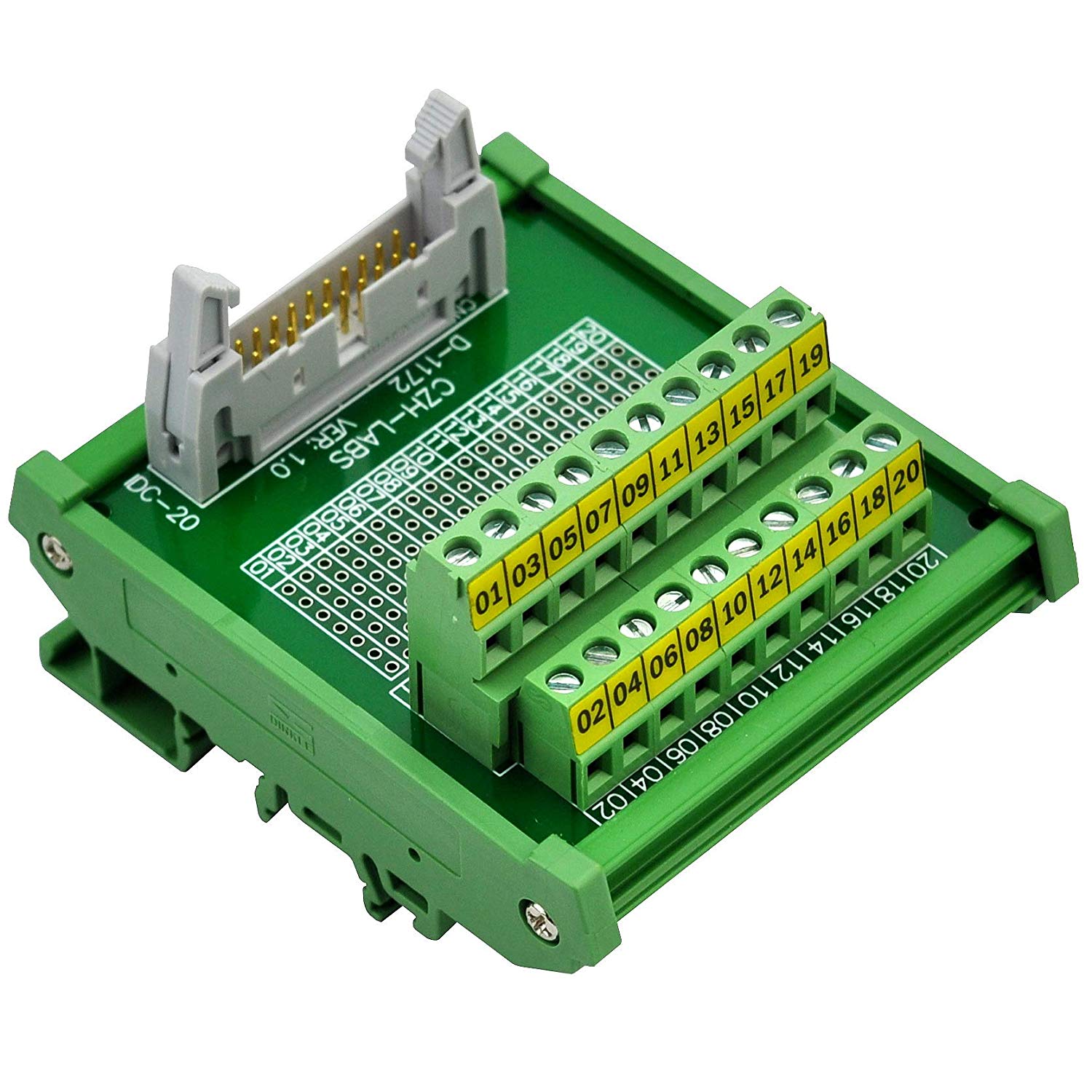 CZH-LABS DIN Rail Mount IDC-20 Male Header Connector Breakout Board Interface Module, IDC Pitch ...